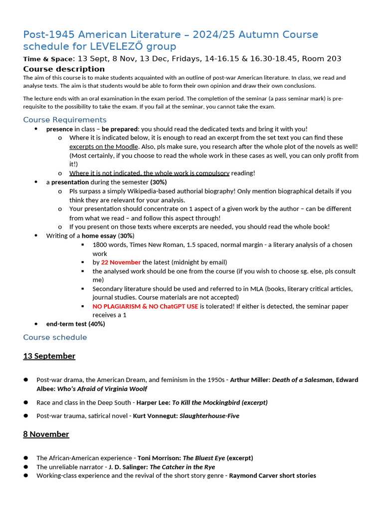 Post-War American Literature Course 2024 | PDF | General Fiction