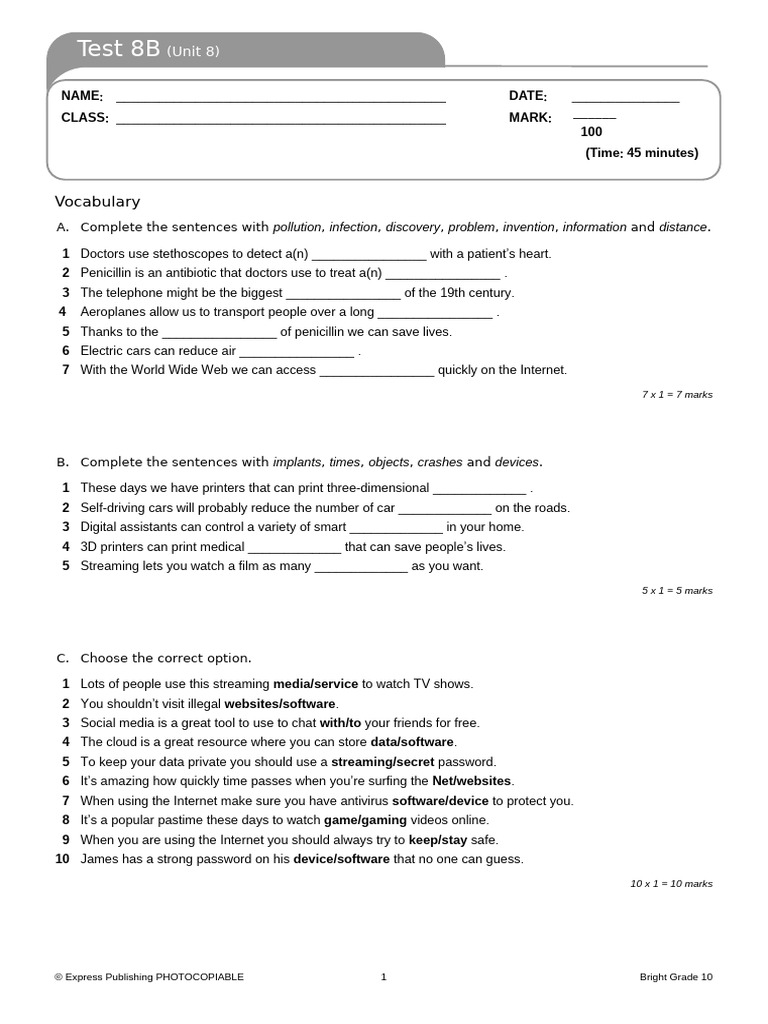 Bright gr10 Test 8B - Unit 8 | PDF | Speech
