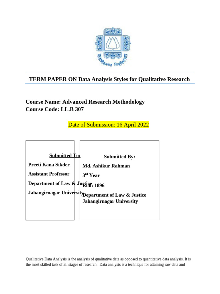 TERM PAPER On Data Analysis Styles For Qualitative Research | PDF ...