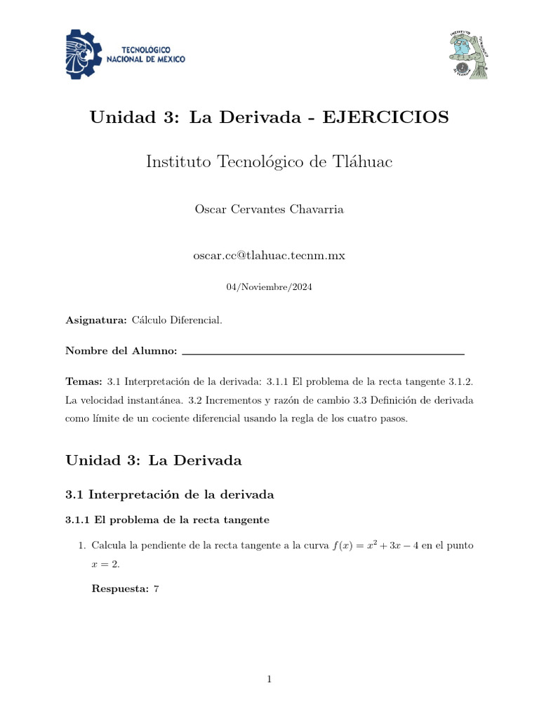 Cálculo Diferencia UNIDAD 3 Ejercicios P1 | PDF | Derivado | Tangente