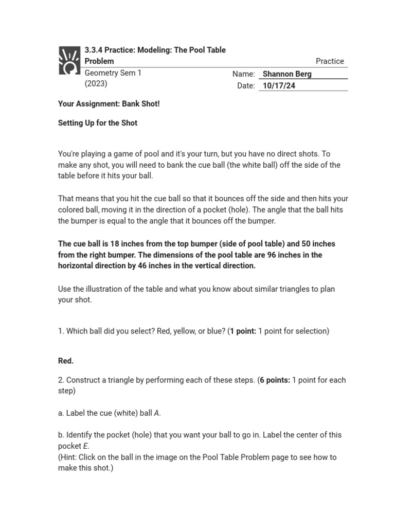 3.3.4 Practice - Modeling - The Pool Table Problem (Practice) | PDF ...