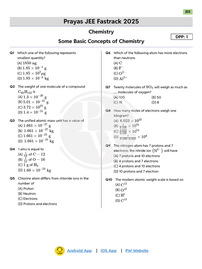 Some Basic Concepts of Chemistry - DPP 01 (Of Lec 02) - Prayas JEE Fastrack 2025 | PDF | Proton ...