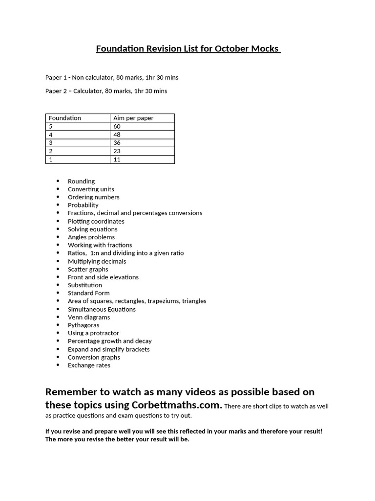 Year 11 Foundation Revision List October Mocks | PDF | Teaching Methods ...