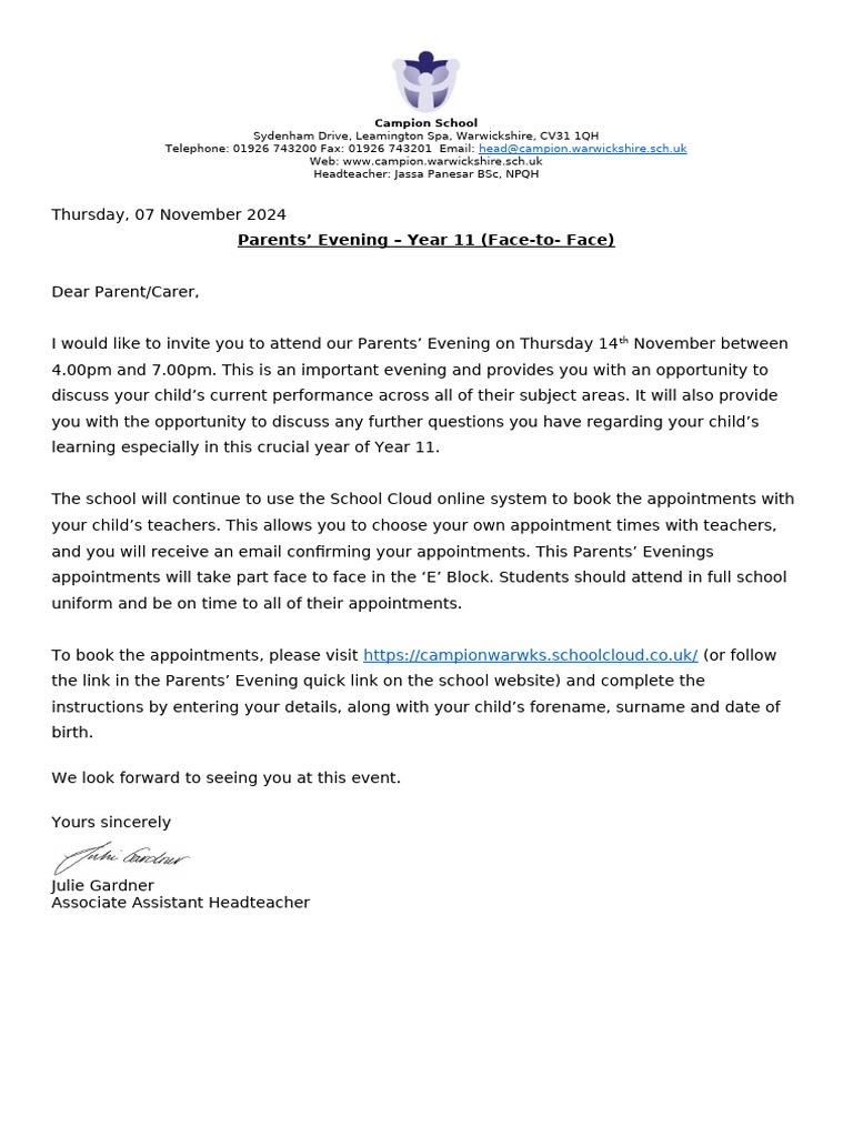 Parents' Evening Letter - Year 11 141124 | PDF