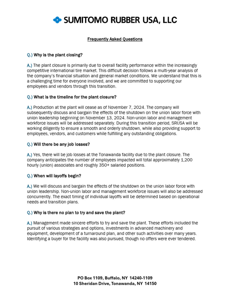Sumitomo Rubber USA Plant Closure FAQ | PDF | Labor | Business