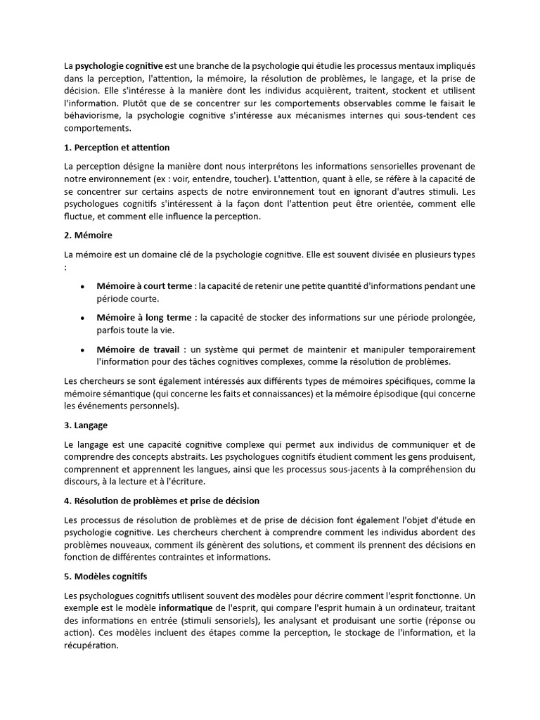 La Psychologie Cognitive | PDF | Psychologie | Mémoire