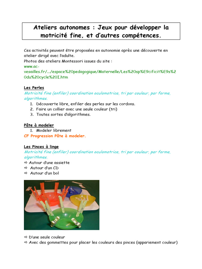 Ateliers Montessori pour motricité fine | PDF