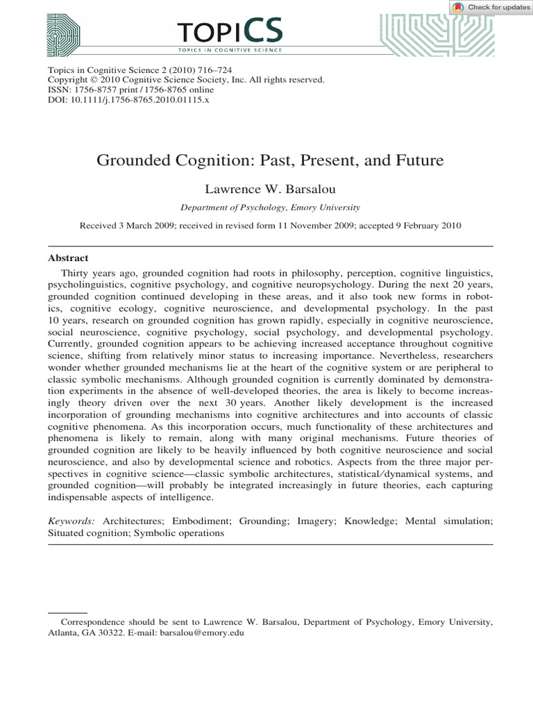 Topics in Cognitive Science - 2010 - Barsalou - Grounded Cognition Past Present and Future | PDF ...