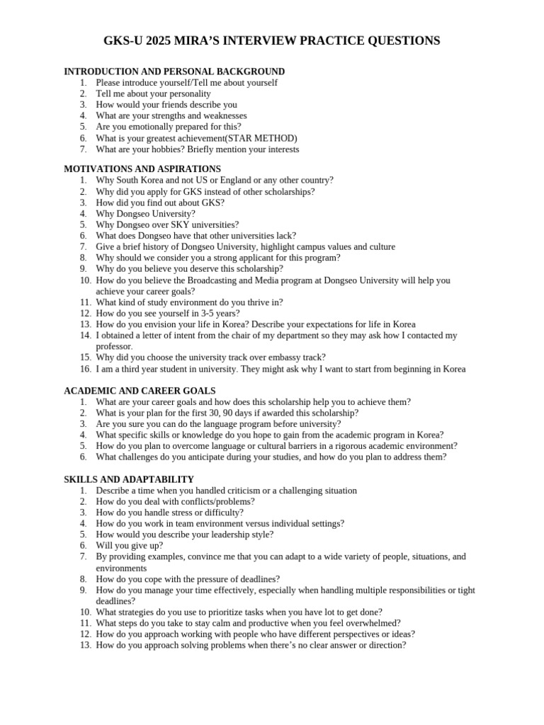 Mira Gks-U 2025 Interview Practice Questions | PDF | Korean Language | Cognition
