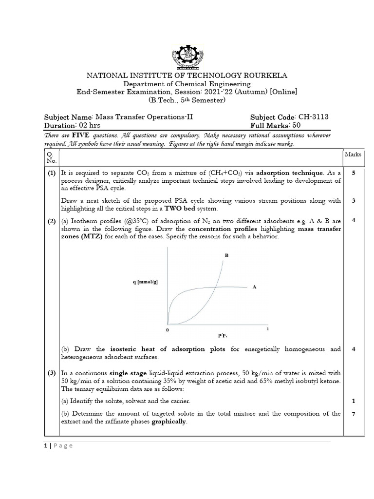 Mass Transfer Operations II End Sem 2021 - 22 Autumn Paper | PDF ...