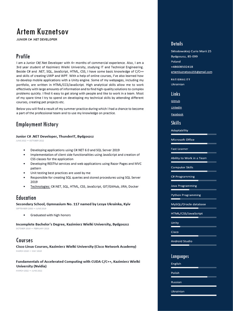 Artem Kuznetsov - Junior C# Developer | PDF