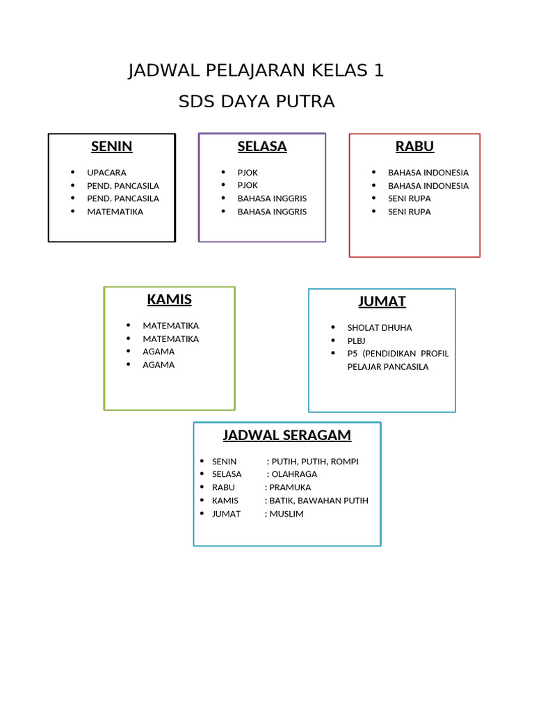 Jadwal Pelajaran Kelas 1 SDS Daya Putra | PDF
