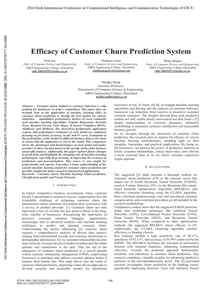 Efficacy Of Customer Churn Prediction System Pdf Machine Learning
