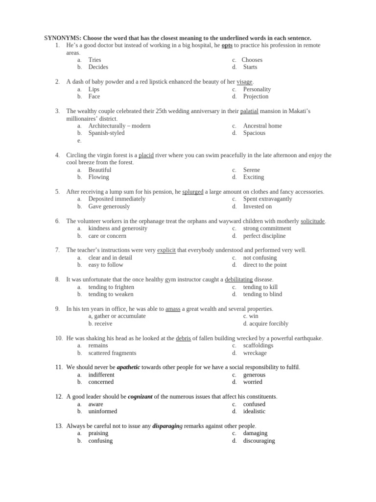 Practice Test On Vocabulary | PDF