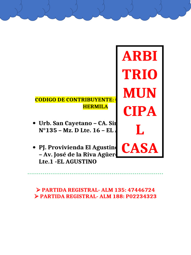 Arbitrios Muncipal Casa de Elizabeth El Agustino | PDF