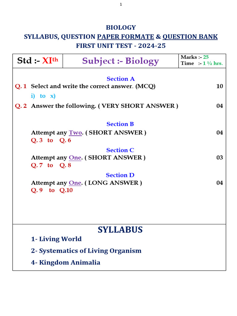 Xi-Biology Syllabus, Question Paper Formate & Question Bank - First ...
