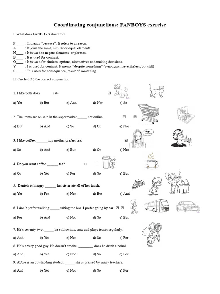 Coordinating Conjunctions - FANBOYS Exercise | PDF | Language Arts & Discipline | Home & Garden