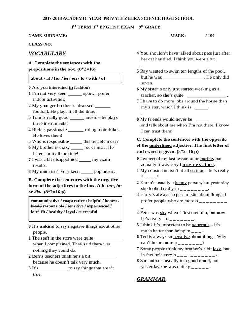 9th Grade English Exam 2017-2018 | PDF | Linguistics