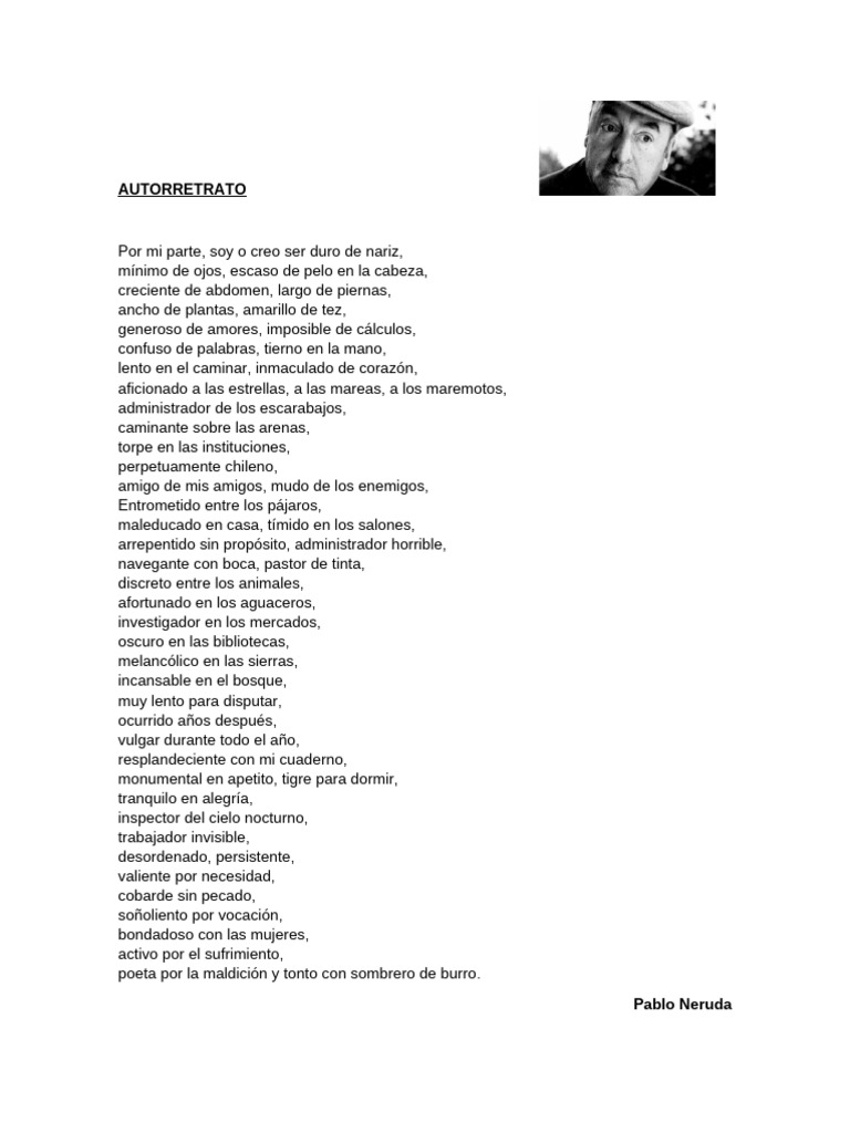 AUTORRETRATO - Pablo Neruda | PDF | Cocina, comidas y vino | Poesía