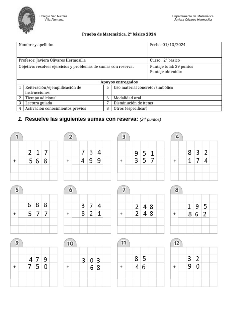 Prueba Sumas Con Reserva | PDF