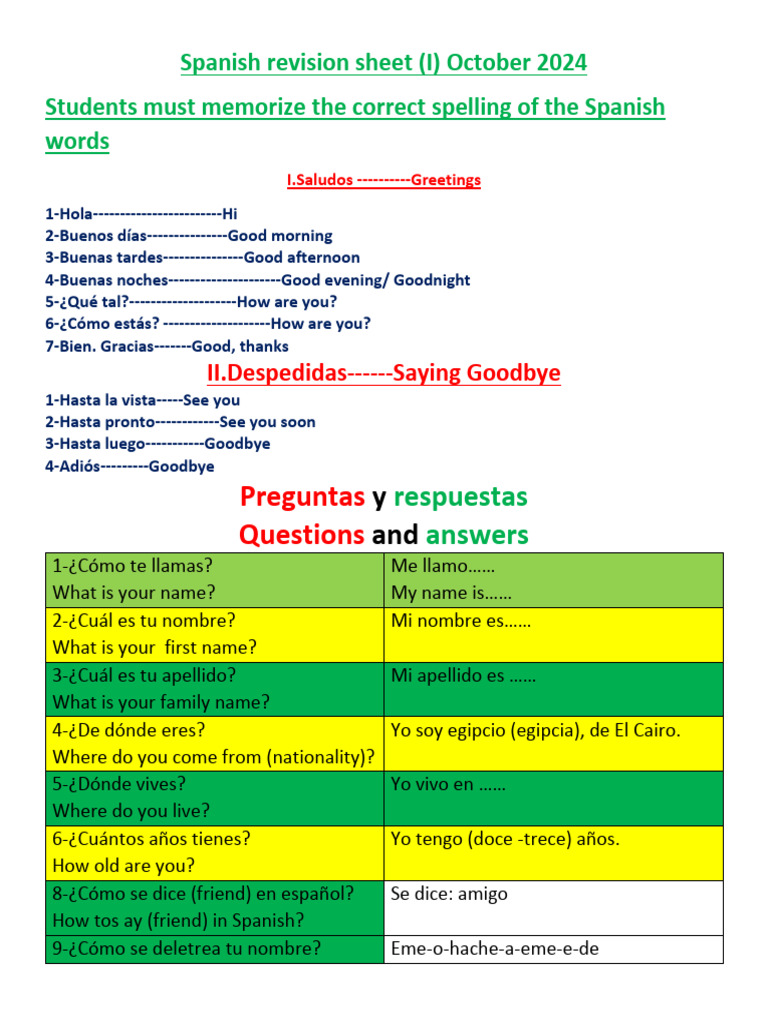 Guía de saludos y preguntas en español | PDF | Métodos y materiales de ...