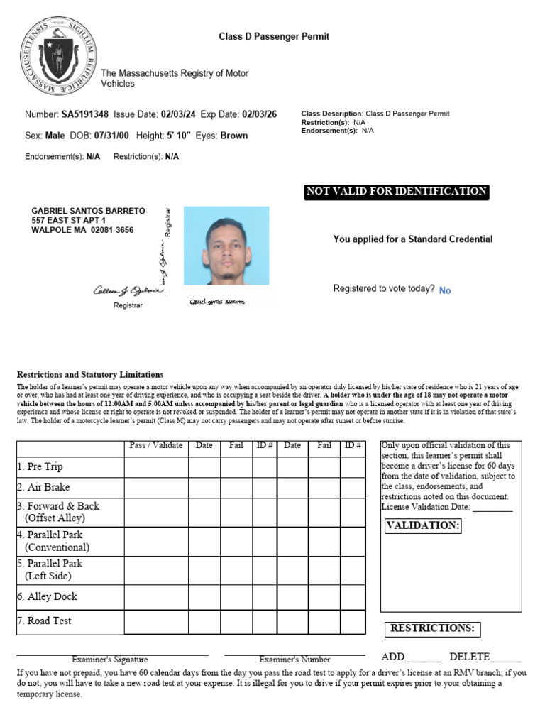 Massachusetts Class D Permit Details | PDF | Driver's License | Driving