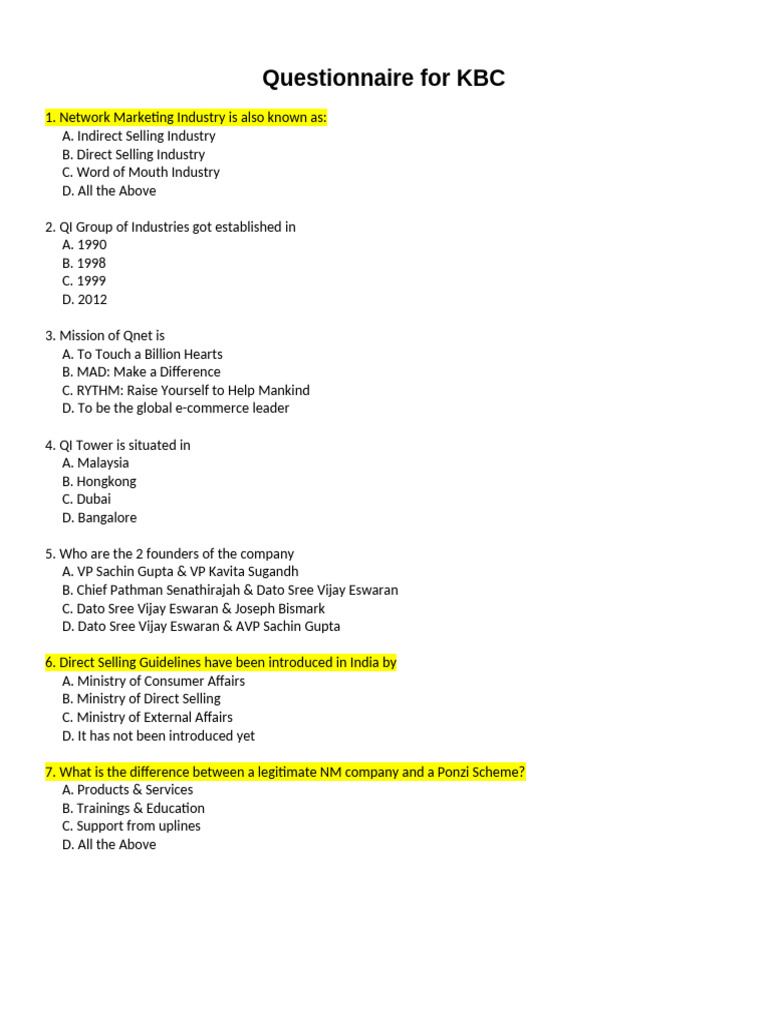 Questionnaire For KBC | PDF | Business