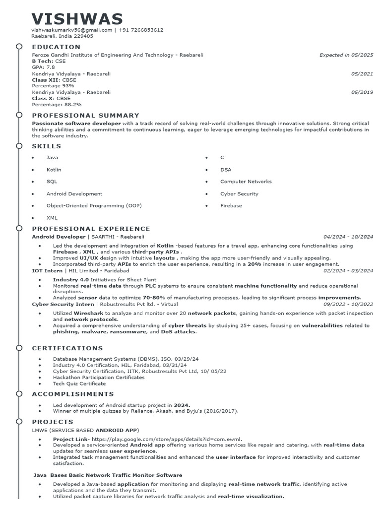 Vishwas Resume 3 | PDF | Computer Network | Android (Operating System)