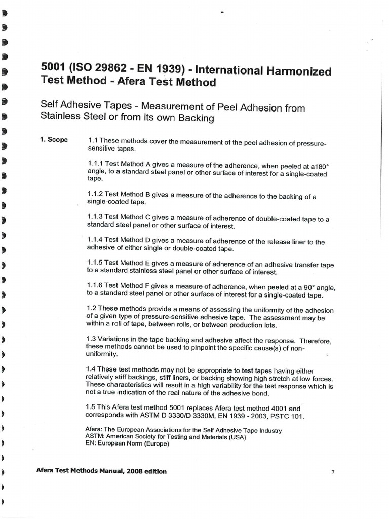 AFERA 5001 (ISO 29862 - EN 1939) Self Adhesive Tapes - Measurement of Peel Adhesion From ...