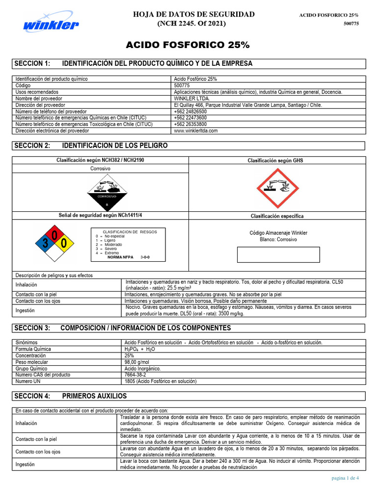 Hoja de Seguridad Ácido Fosfórico 25% | PDF | Agua | Corrosión