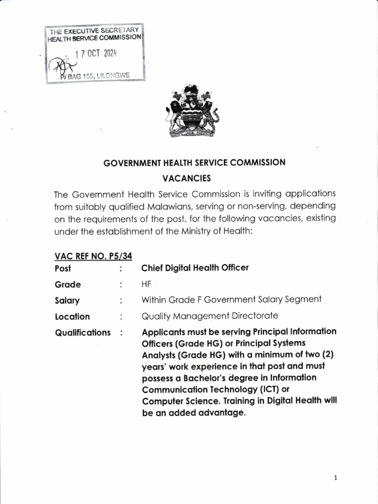 Vacancies - Government Health Service Commission - Advertisement - Oct ...