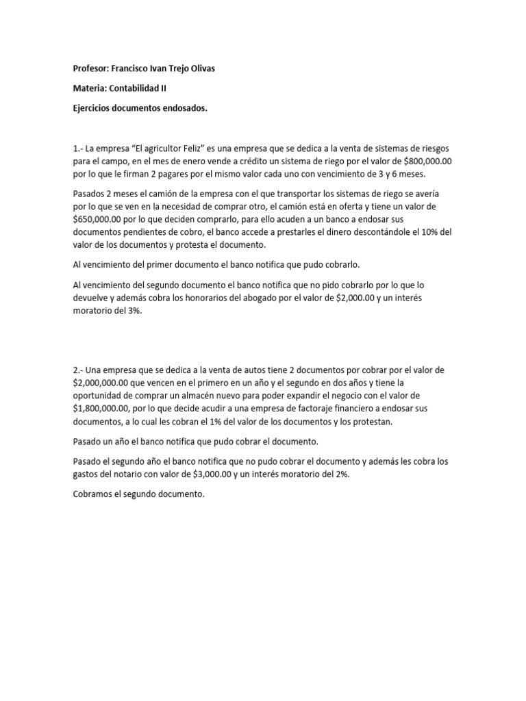 Ejercicios Documentos Endosados | PDF | Finanzas y administración del dinero | Derecho