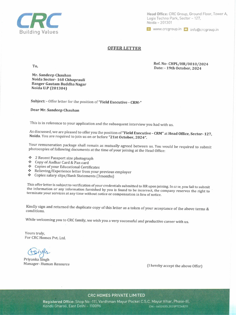 Offer Letter - Sandeep Chauhan | PDF