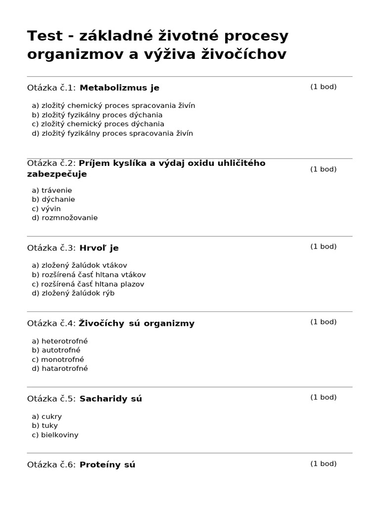 BIO-8.ATest - Zakladne Zivotne Procesy Organizmov A Vyziva Zivocichov | PDF