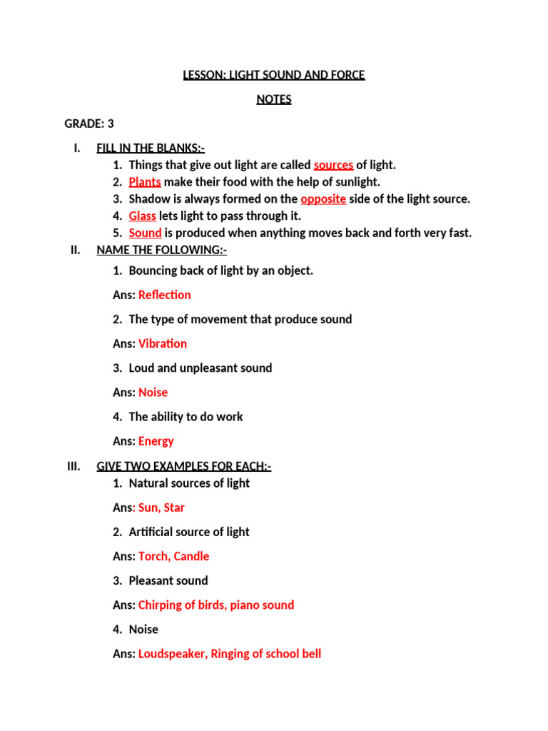 Grade 3 Science: Light & Sound | PDF | String Instruments | Light
