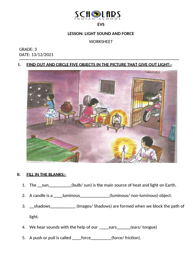 Grade 3 Light Sound and Force Wrksheet 2021 | PDF | Light | Shadow