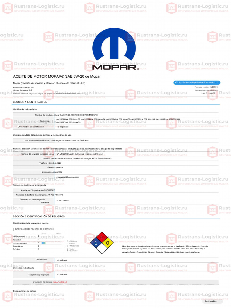 (MSDS) Mopar MaxPro 5W-20 | PDF