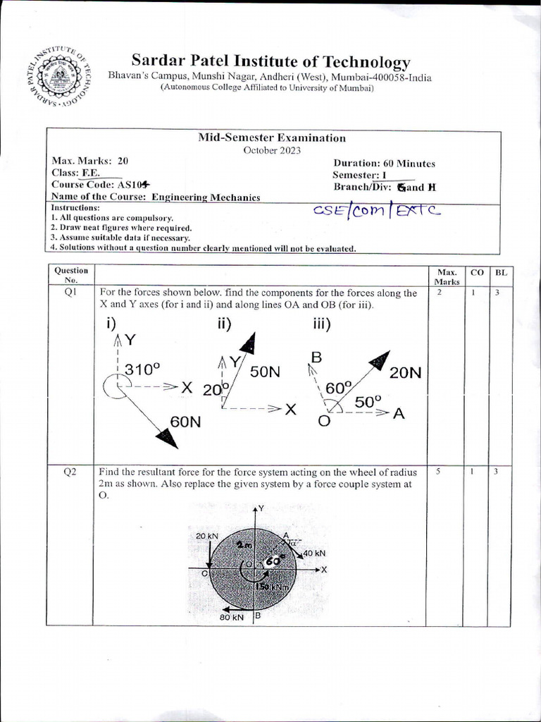 FE - Cse, Comp, Extc SEM I. ENG - MECH | PDF