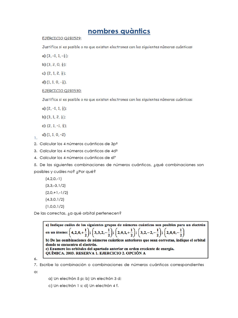 Exercicis Nombres Quàntics | PDF