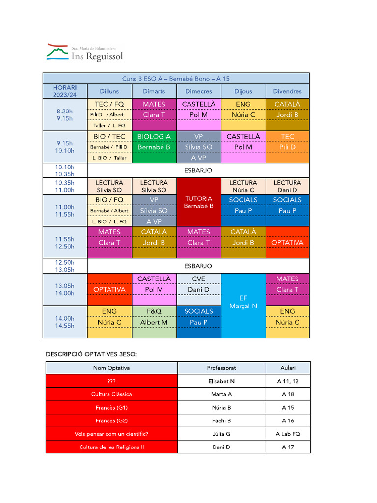 Horari 3r ESO A 24-25 | PDF