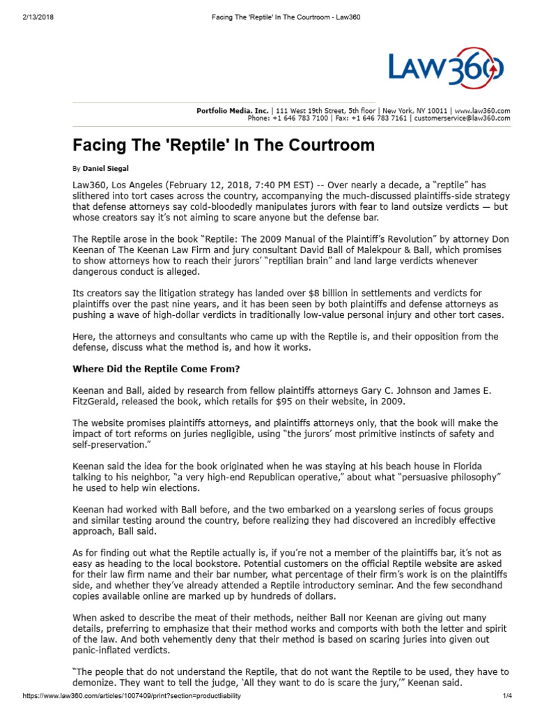 Facing The Reptile in The Courtroom Law360 | PDF | Lawyer | Courtroom