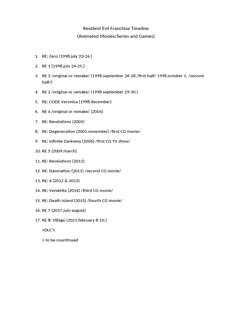Resident Evil Franchise Timeline Overview | PDF | Games & Activities