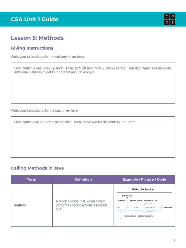Annotated Csa Unit 1 Lesson 5 Guided Notes Pdf Method Computer Programming Object