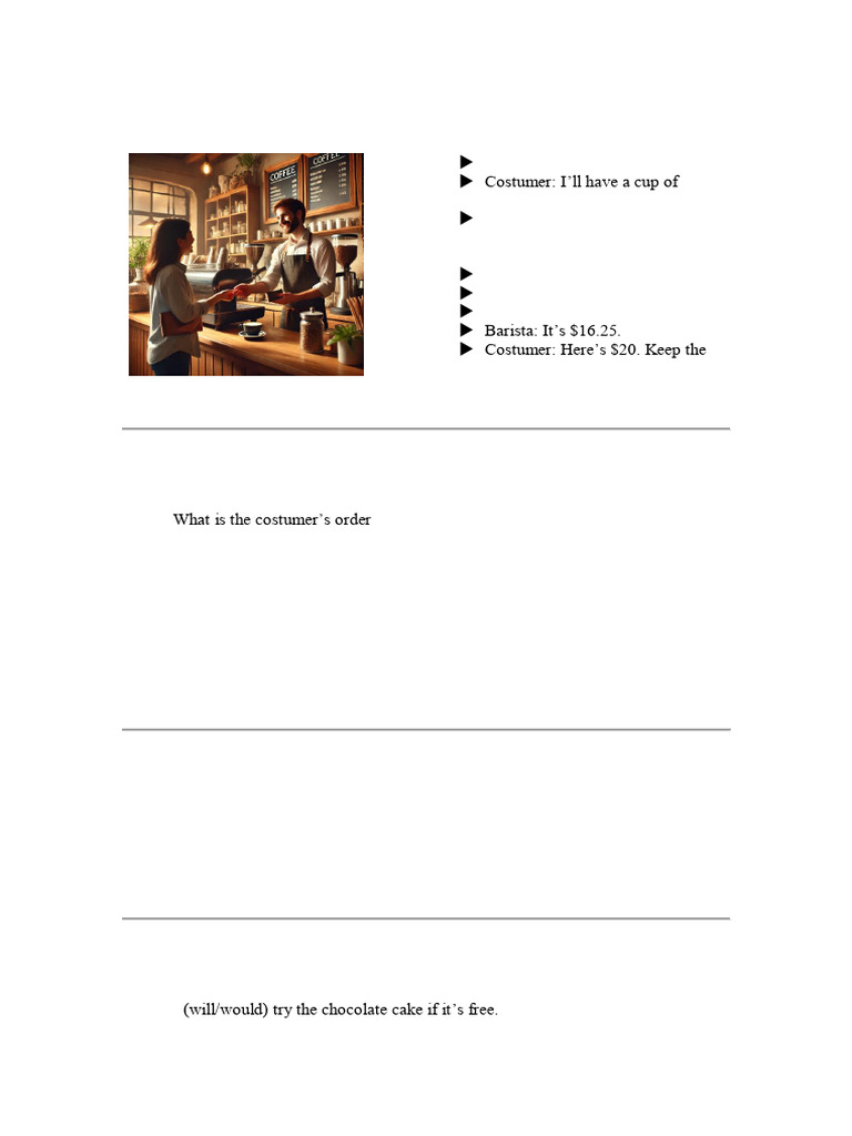 Coffee Shop Dialog Comprehension & Grammar Exercises | PDF | Foods | Desserts