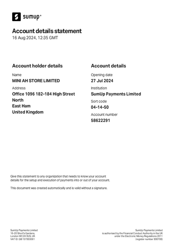 SumUp Account Details Statement | PDF