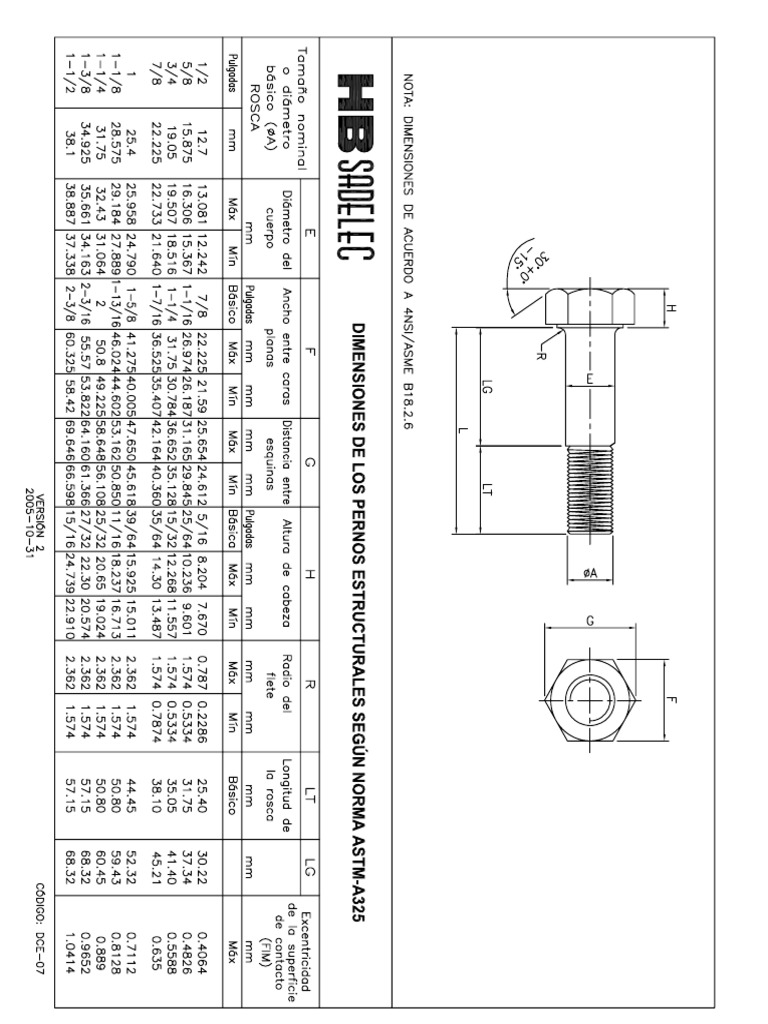 Dimensiones Pernos Estructurales ASTM A325 - V2 | PDF