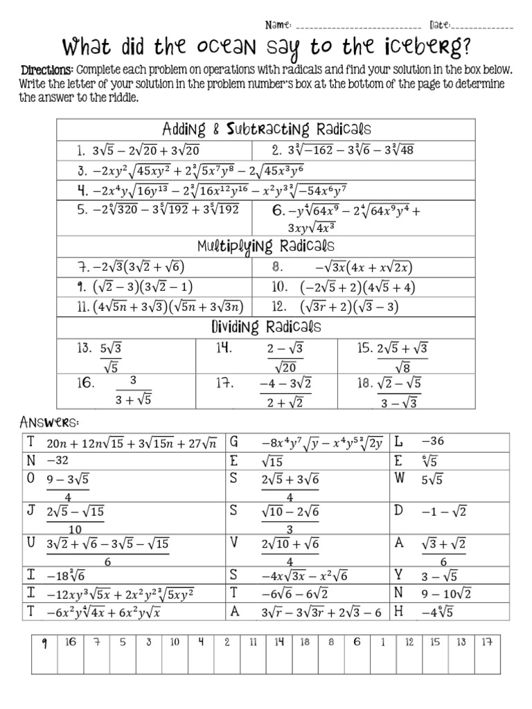 Alg 3 - 4 5.2 Operations With Radicals Joke Activity | PDF