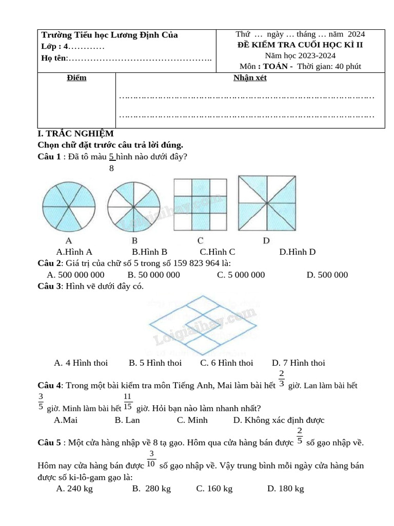 KT Toán Hkii 4B 2023 2024 | PDF
