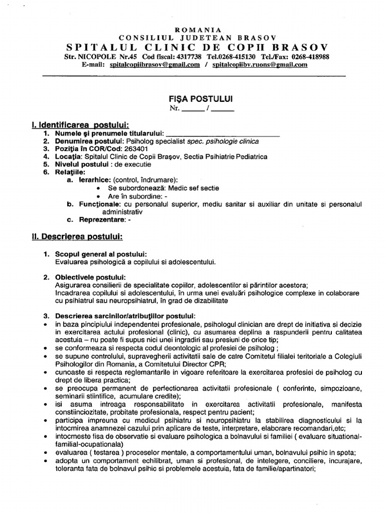 Fisa Postului MODEL - Psiholog Specialist | PDF