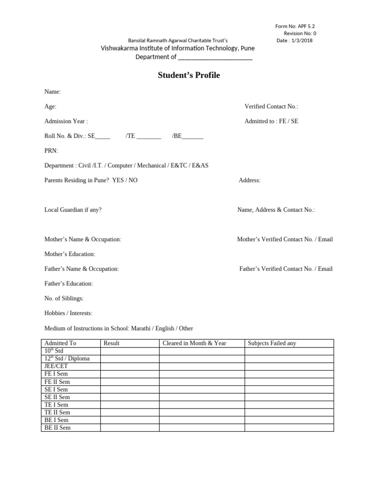 Student Profile Form for Admission | PDF